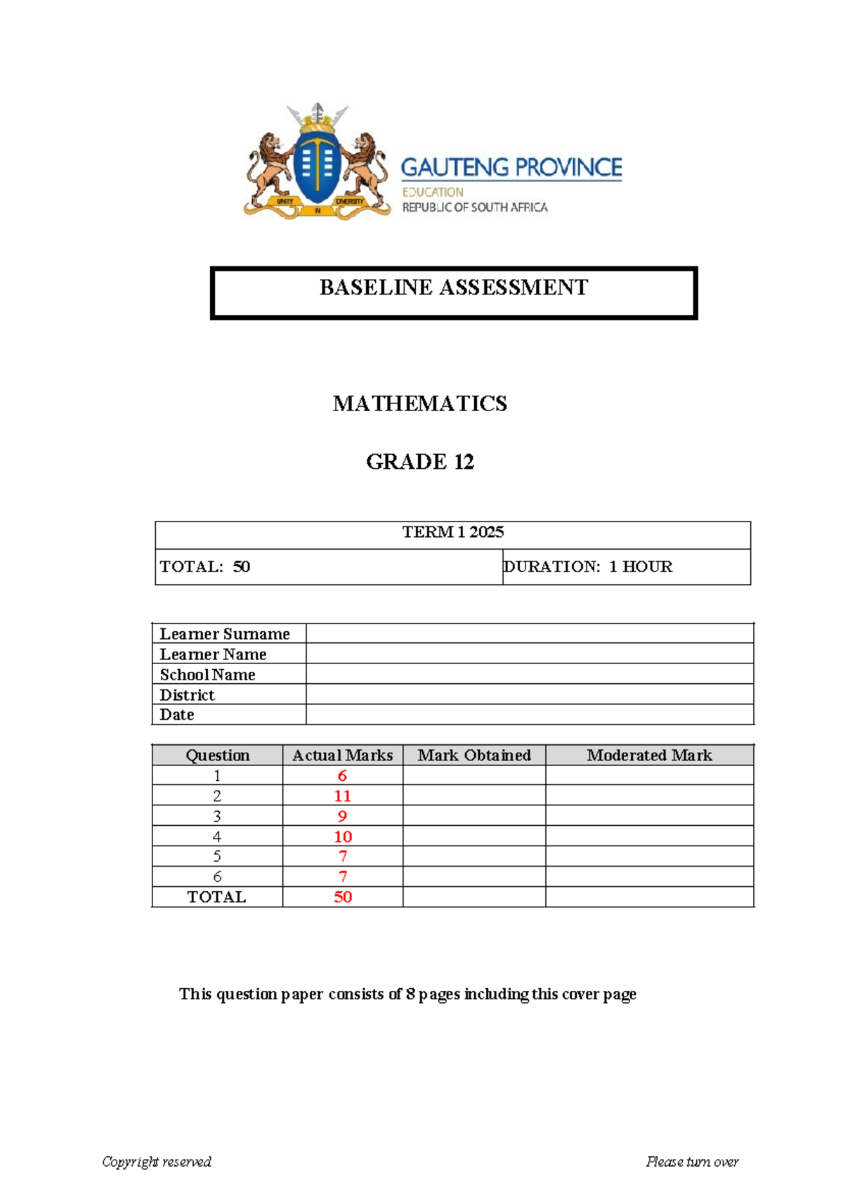 2025 Baseline Assessment: Grade 12 Mathematics Term 1 - Studocu