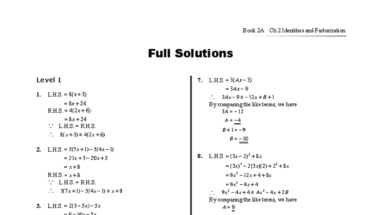 Book 2A Ch 2 Identities & Factorization Solutions - Studocu
