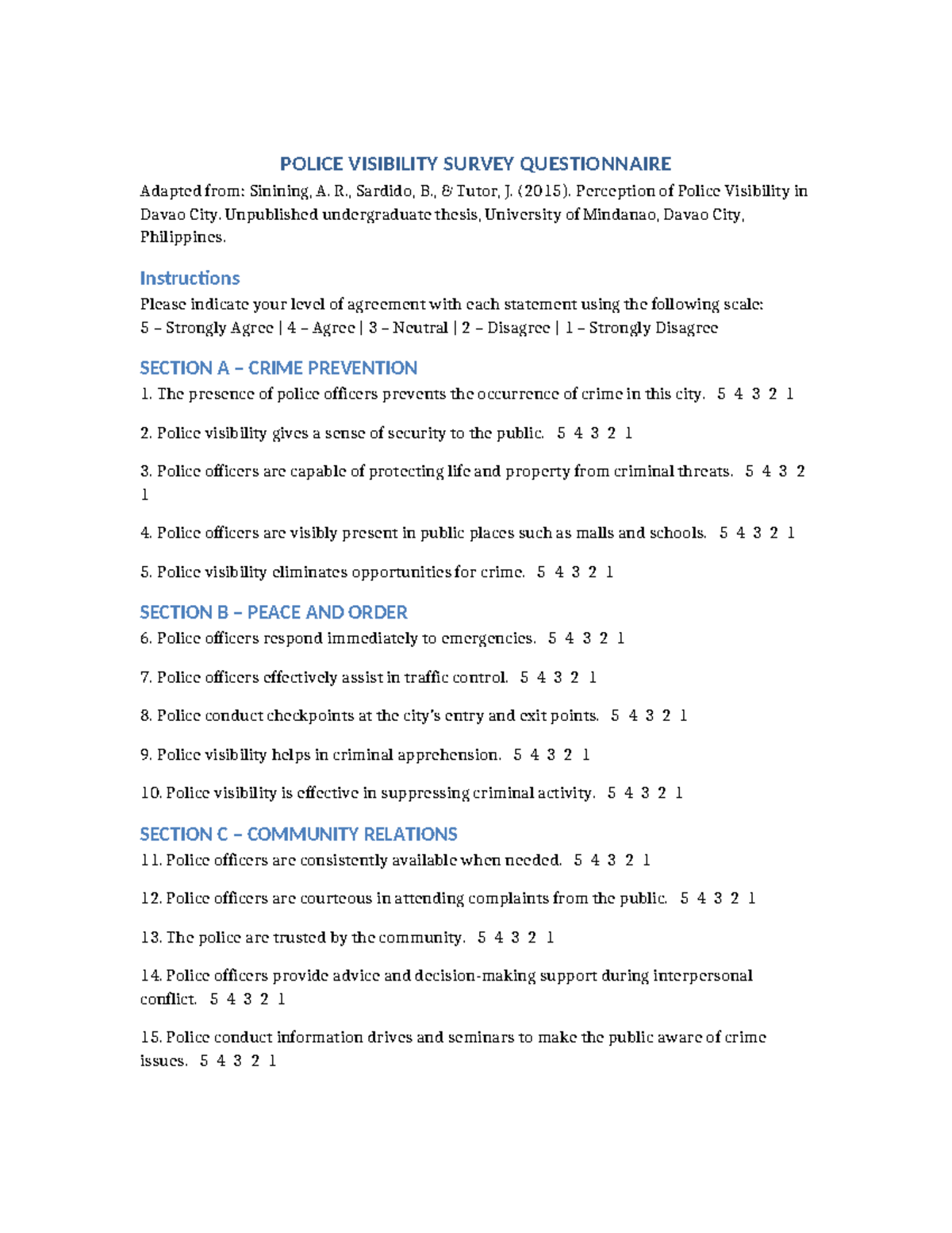 POLICE VISIBILITY SURVEY QUESTIONNAIRE (Sinining 2015) - Studocu