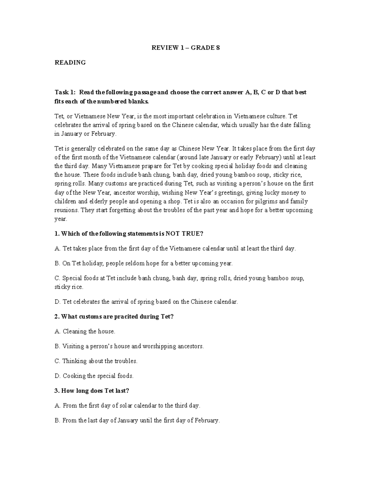 REVIEW 1 GRADE 8 READING: Understanding Tet and Vietnamese Customs ...