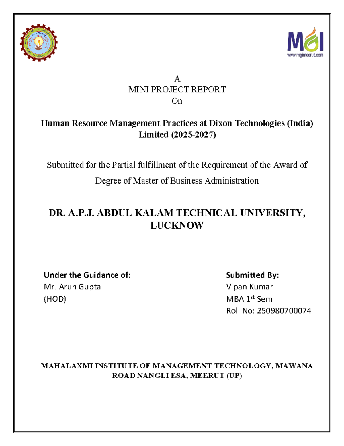 MBA HR Mini Project Report on HRM Practices at Dixon Tech - Studocu