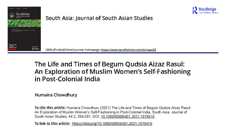 The Life and Legacy of Begum Qudsia Aizaz Rasul: A Muslim Woman's ...