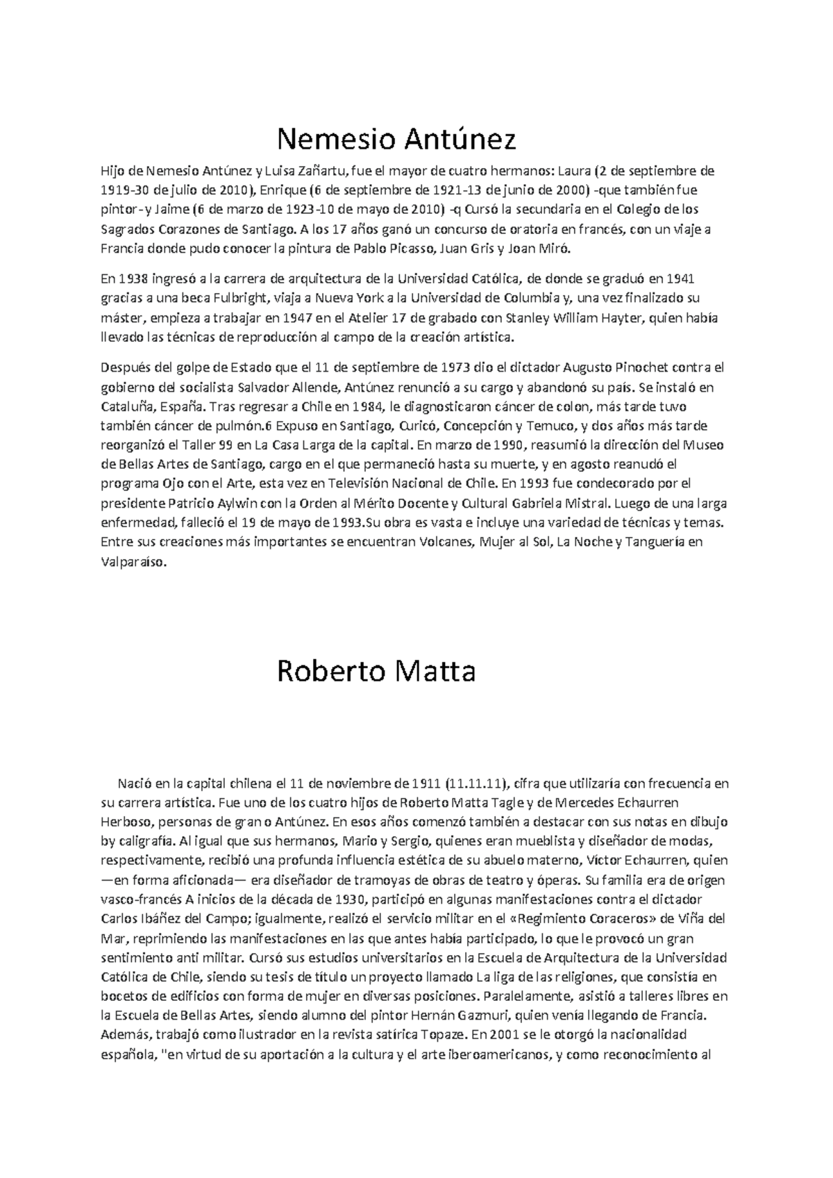 Tarea sobre la vida y obra de Nemesio Antúnez y Roberto Matta - Studocu