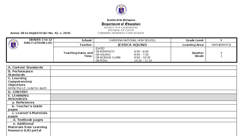 G9 Mathematics Daily Lesson Log - Lesson Plan Template - Studocu