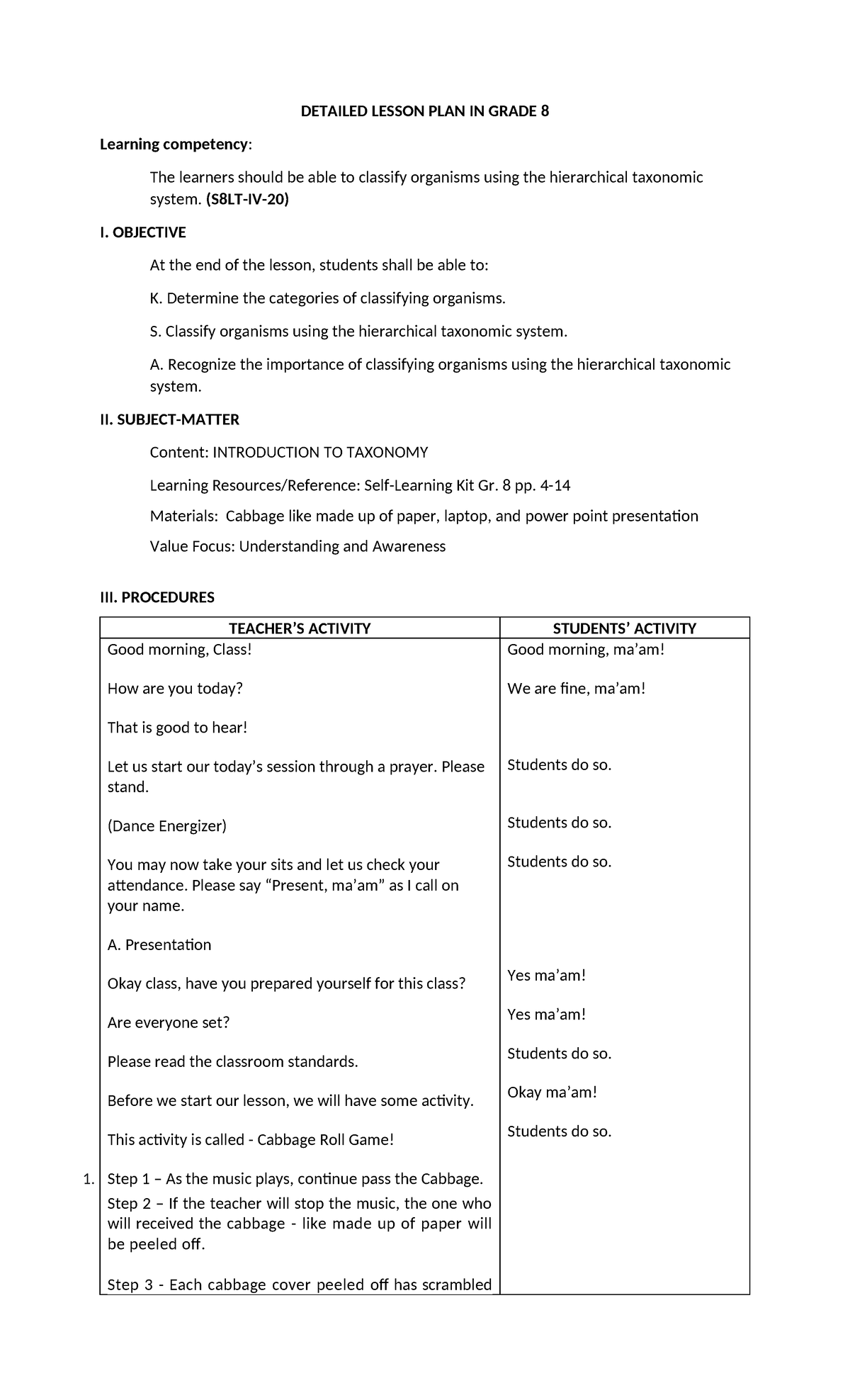 Grade 8 DLP: Introduction to Taxonomy Lesson Plan and Activities - Studocu