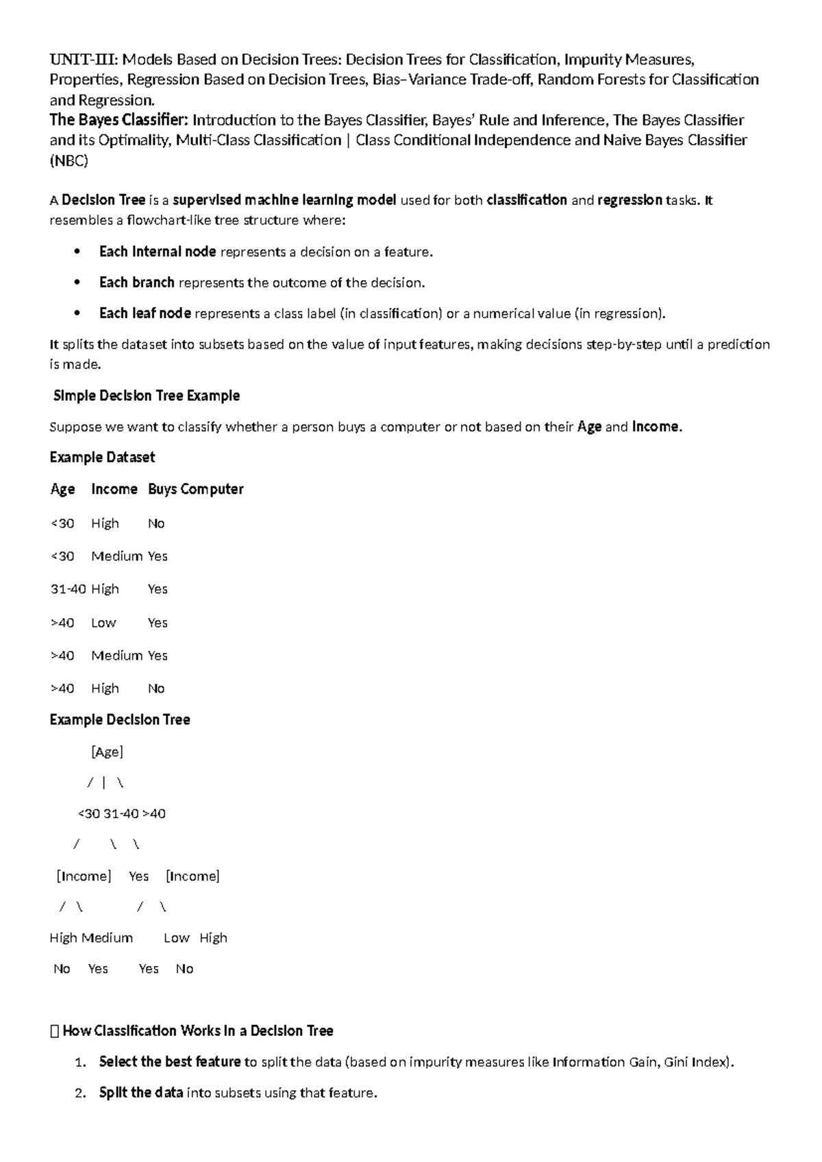 UNIT-3: Decision Trees & Bayes Classifier Overview and Concepts - Studocu