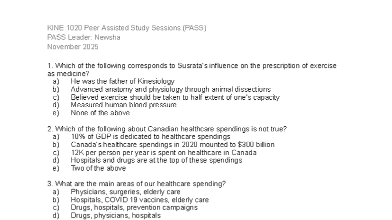 KINE 1020 Midterm Exam Practice Questions and Answers - Studocu