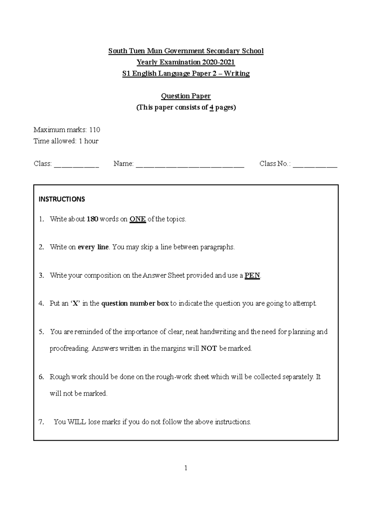 S1 English Language Yearly Exam Paper 2 Writing Questions - Studocu