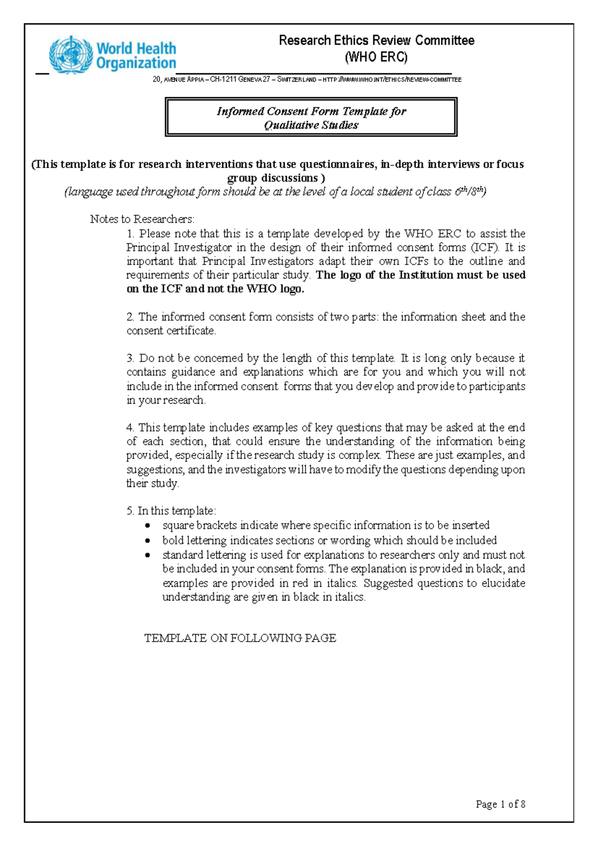 WHO ICF Template: Informed Consent for Qualitative Research - Studocu