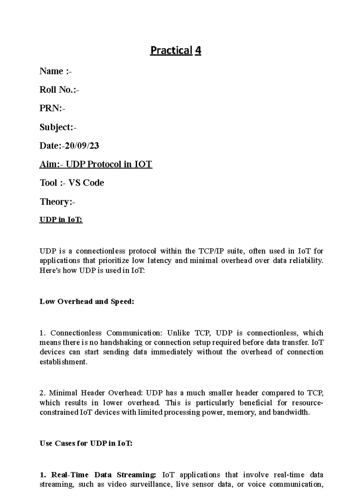 Practical 4 IOT - Practical 4 Name :- Roll No.:- PRN:- Subject:- Date ...