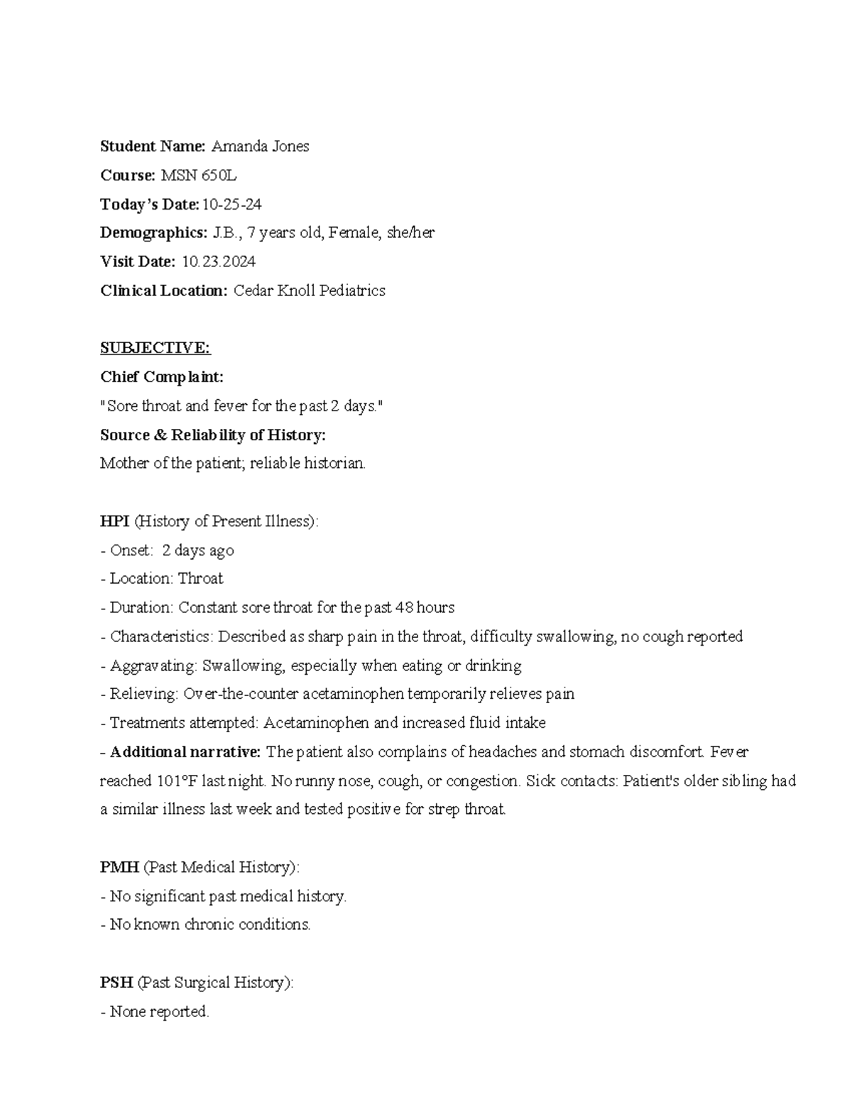 SOAP Note for Pediatric Patient - MSN 650L - Studocu
