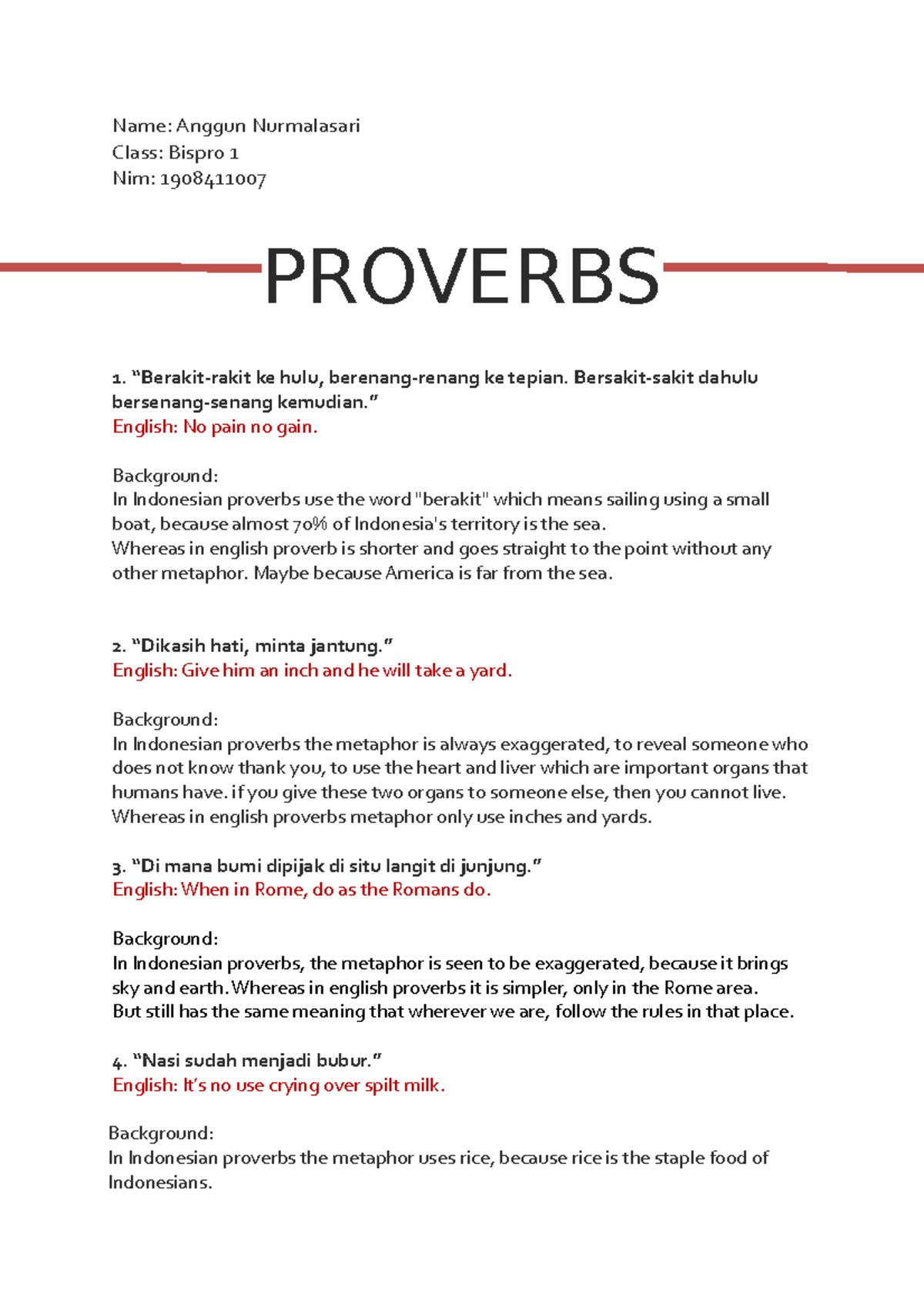 Proverbs Comparison: Bispro 1 Study Materials and Insights - Studocu