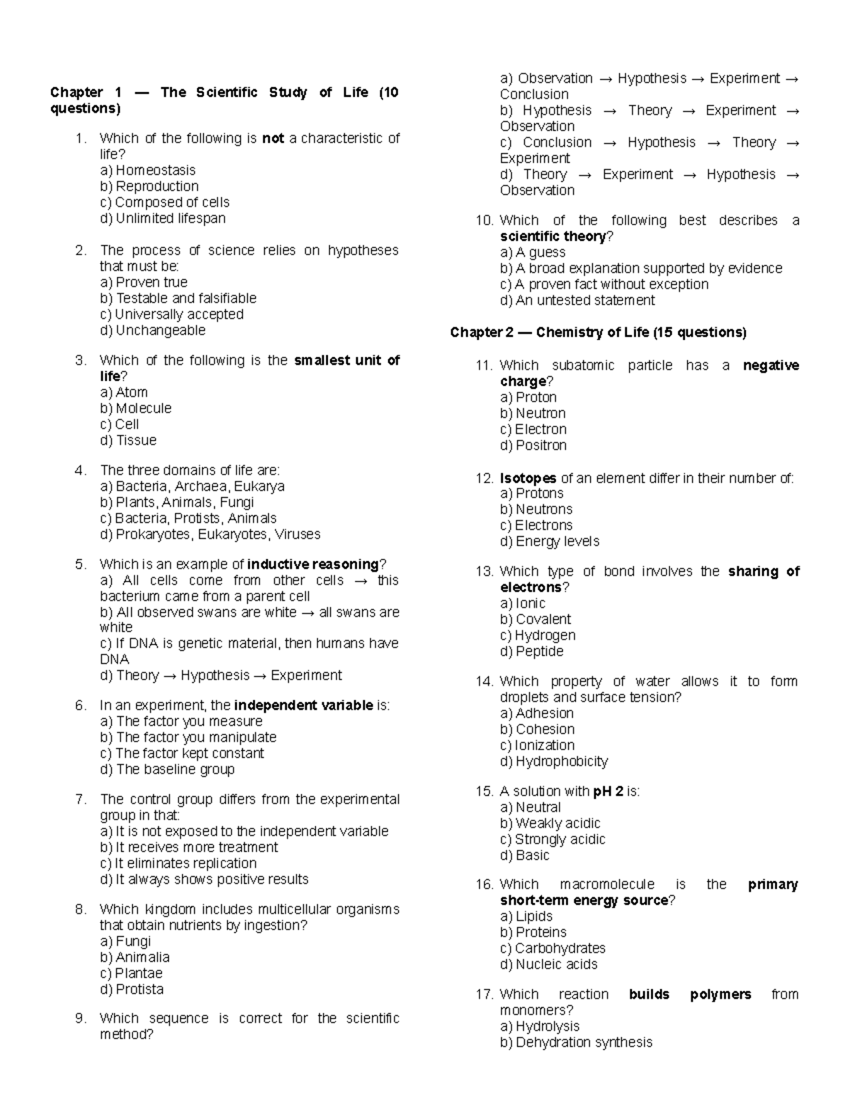 UNLV Biology 189A - Exam 1 Mock Test: Chapters 1-3 Questions - Studocu