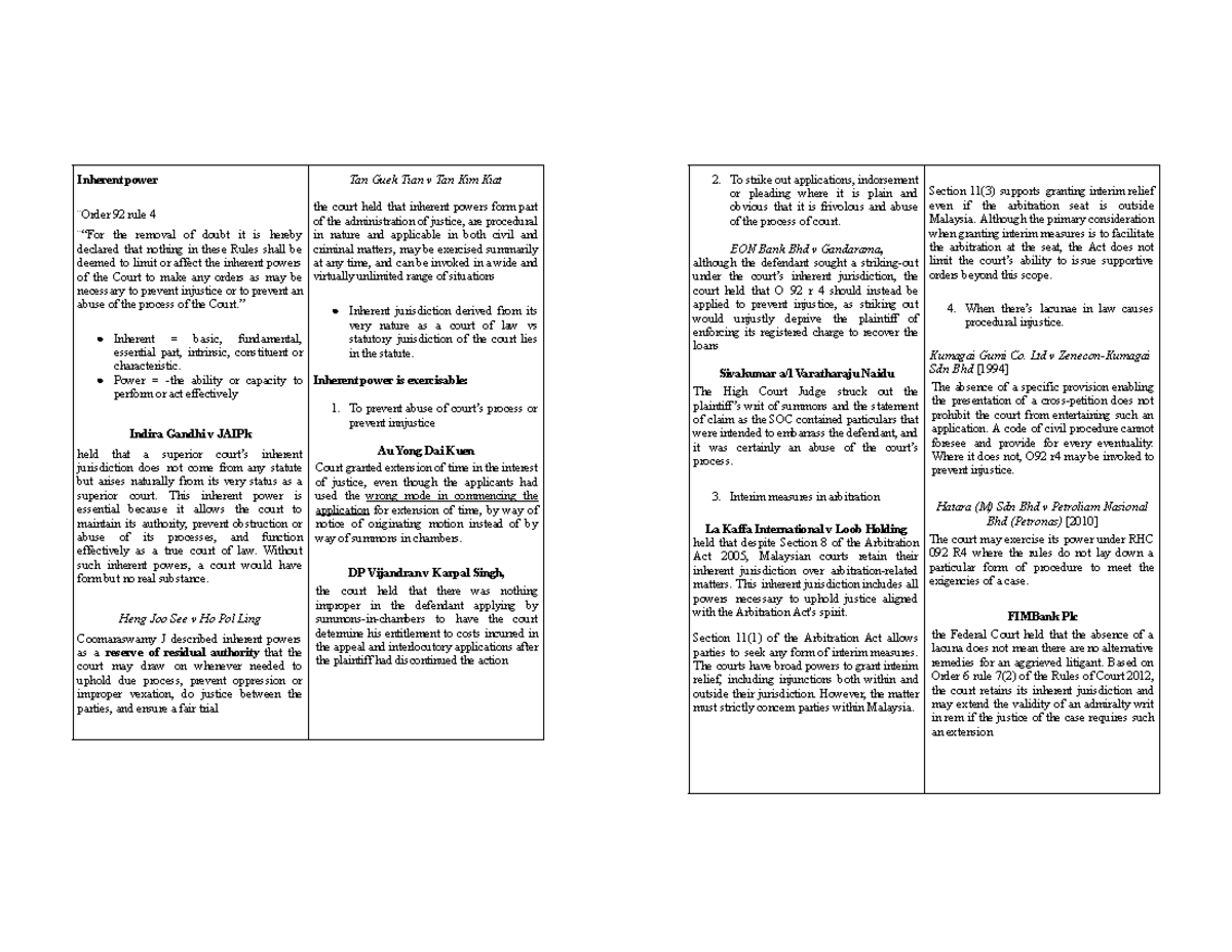 Civil Procedure Notes: Inherent Powers & Jurisdiction (Course Code: 92 ...