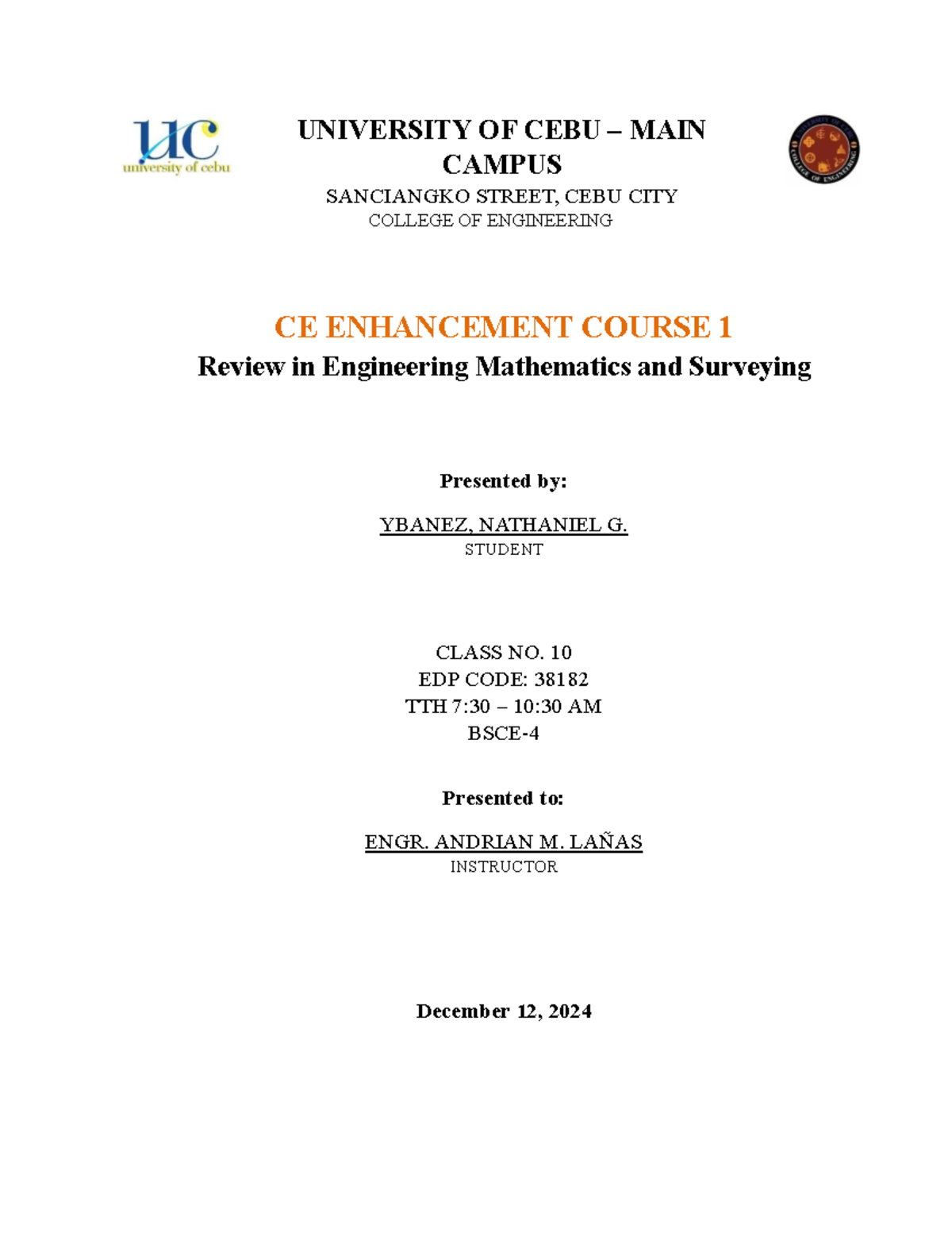 Ybanez EC1 compilation: Review in engineering mathematics and surveying - Studocu