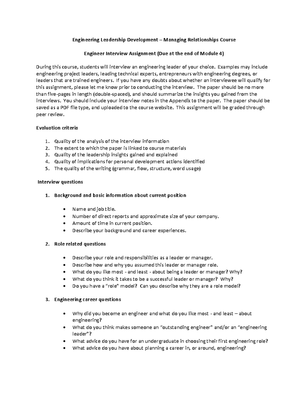 ENGR 101: Engineer Interview Assignment - Leadership Insights Summary - Studocu