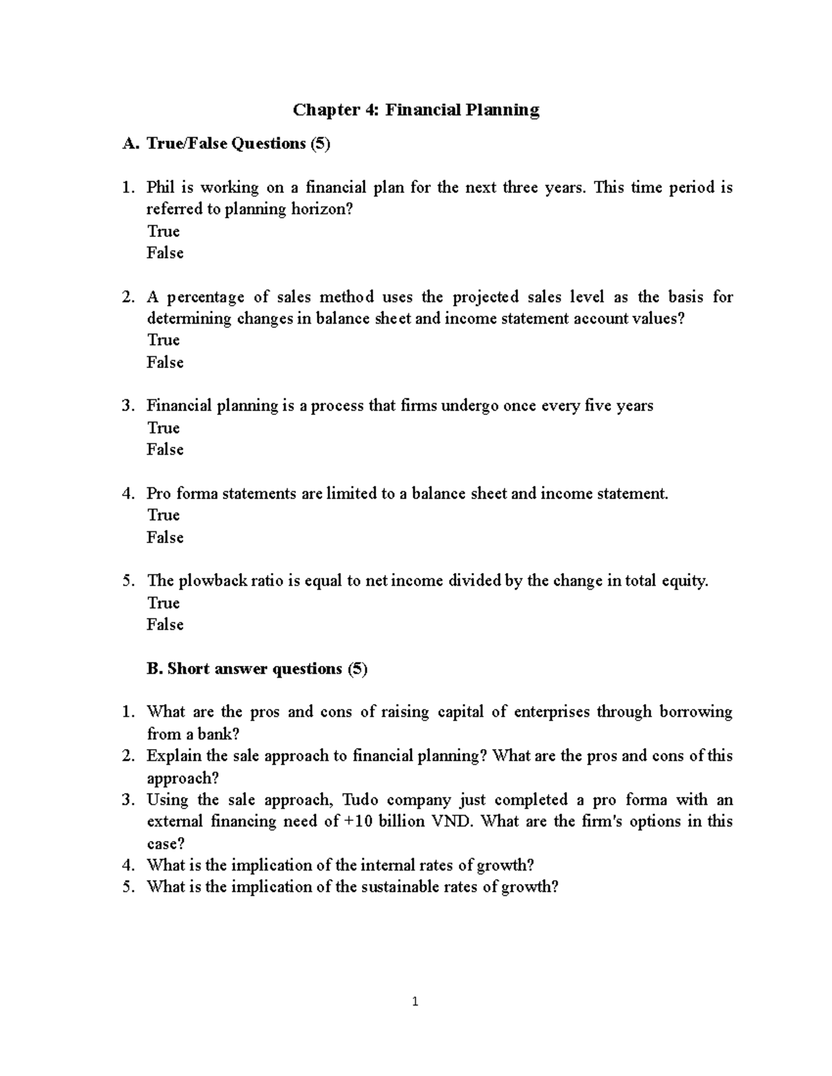 Chapter 4 Financial Planning Student version - Chapter 4: Financial ...