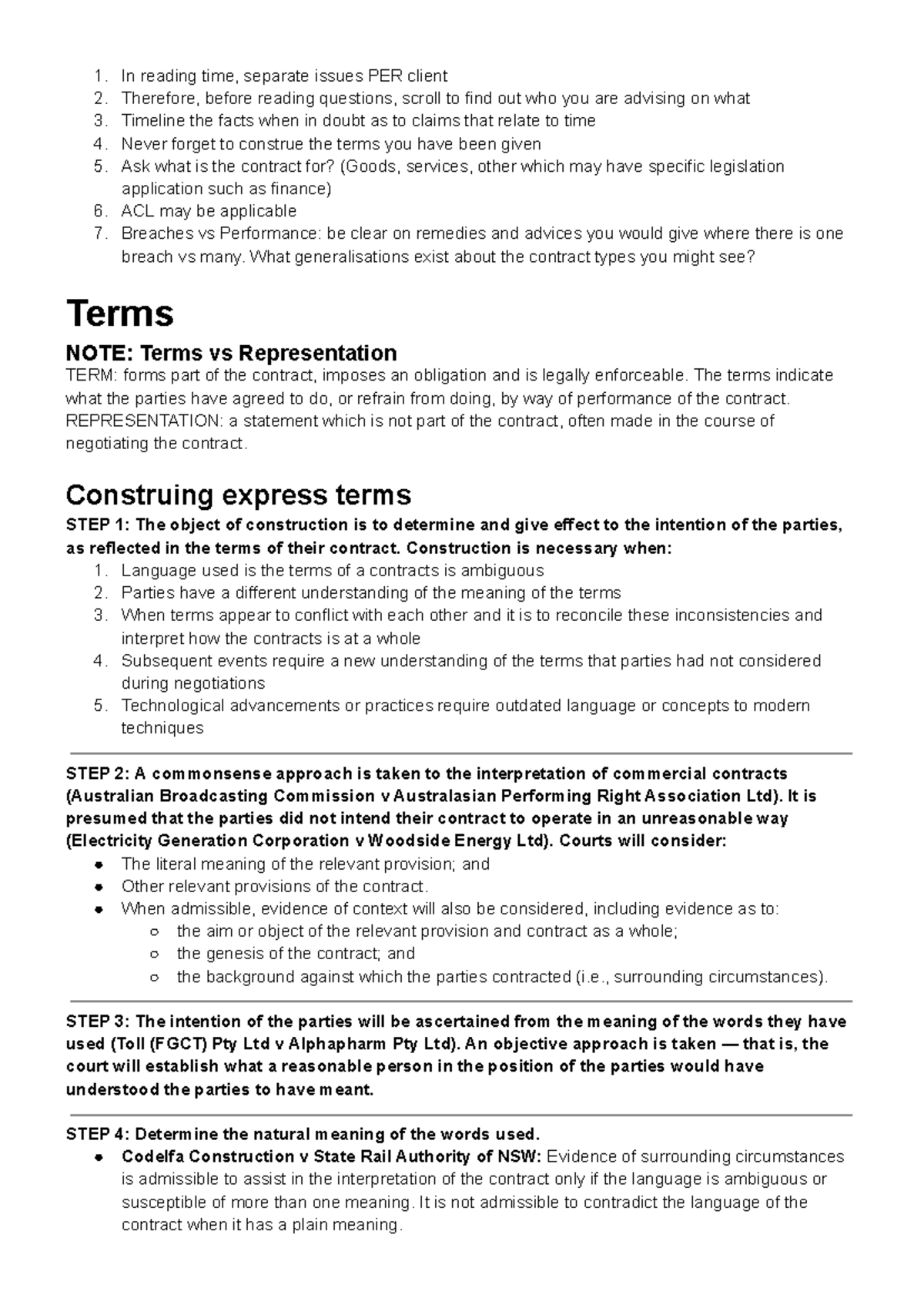 LAWS1075 Lecture Notes on Construing Express Terms in Contracts - Studocu
