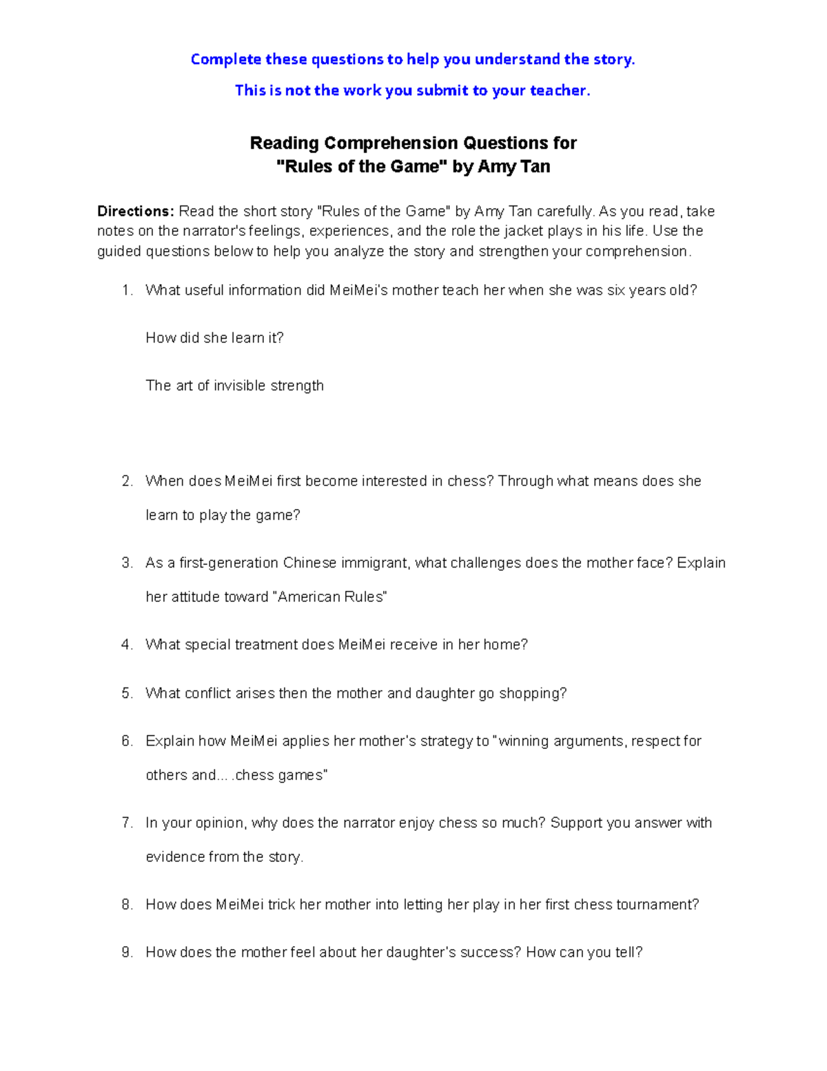 "ENG 101: Guided Reading Questions for 'Rules of the Game'" - Studocu