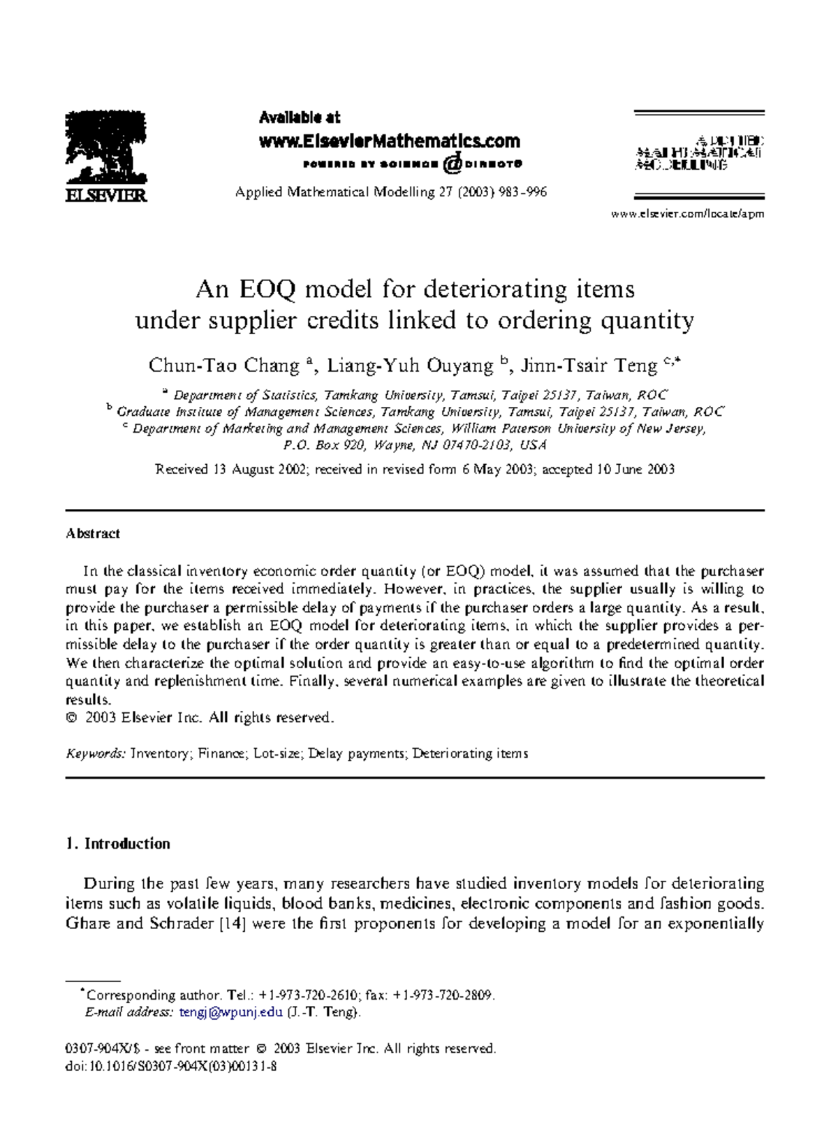 EOQ Model for Deteriorating Items with Supplier Credits - Studocu