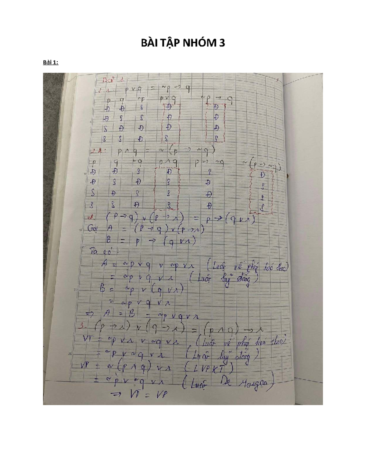 Logic học n3 -t4 logic học - BÀI TẬP NHÓM 3 Bài 1: Câu 4.10: Câu 3.10 ...