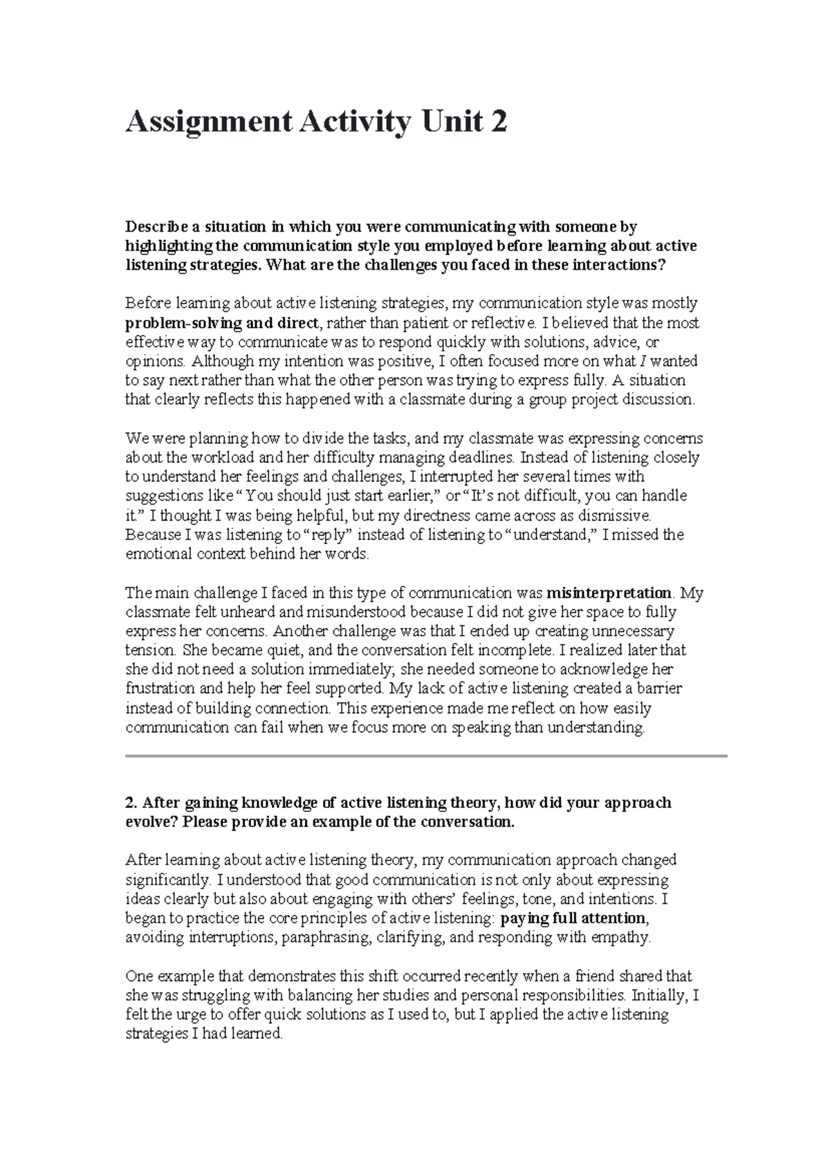 Active Listening Reflection: Communication Style Evolution (Unit 2 ...