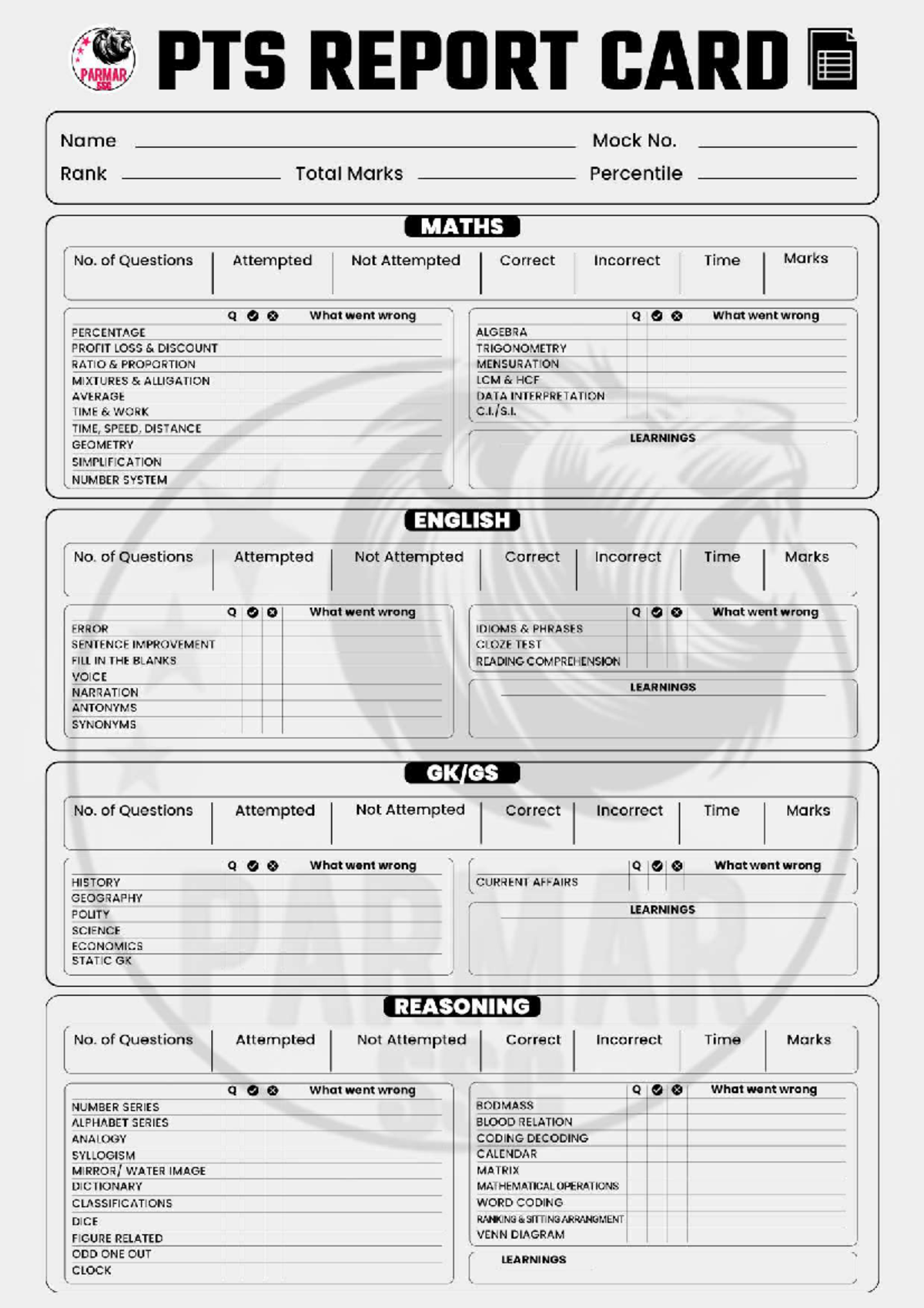 PTS REPORT CARD: Performance Analysis in MATHS, ENGLISH, HISTORY ...