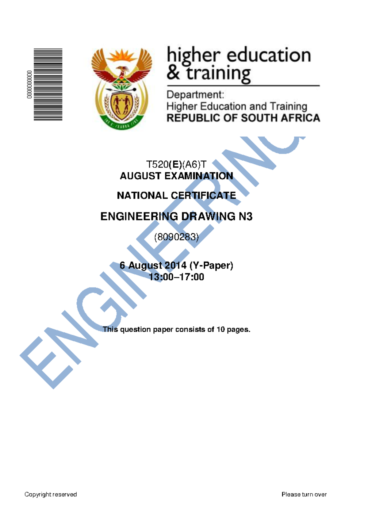 T520 Engineering Drawing N3 August 2014 Exam Question Paper - Studocu