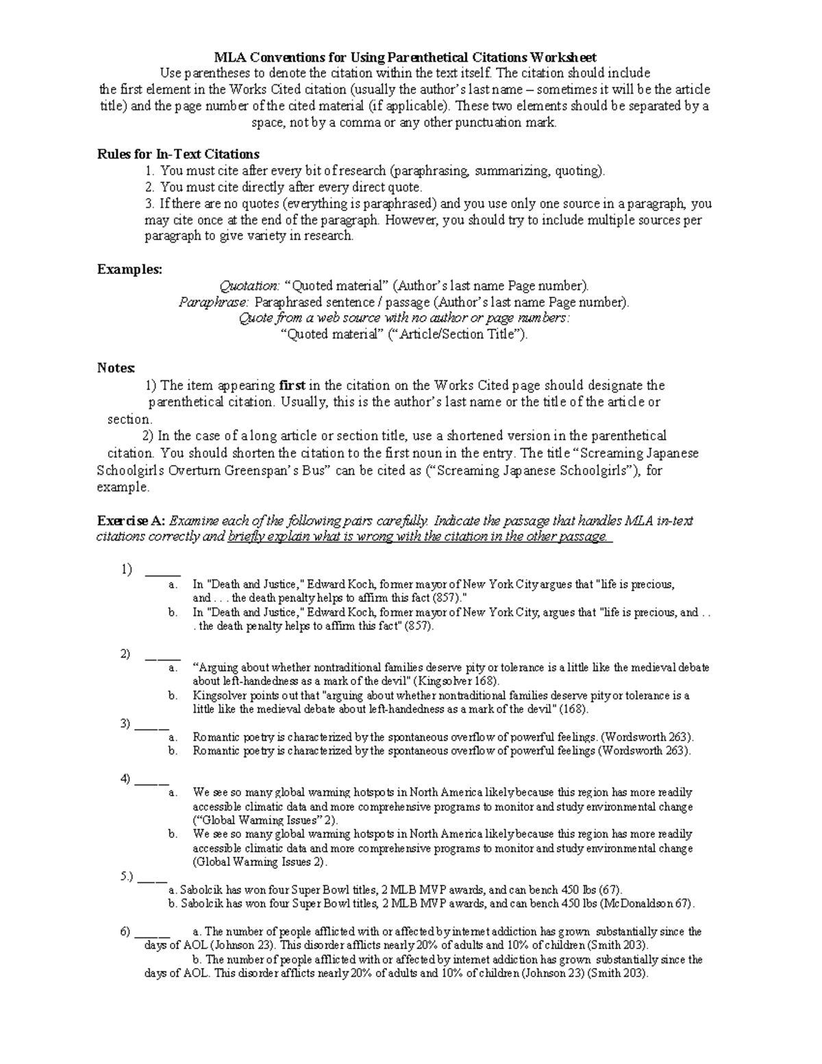 MLA In-Text Citations Practice Worksheet with Examples and Exercises ...