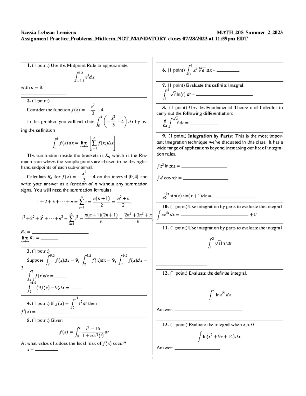 MATH 205 Summer 2 2023 Midterm Problems & Practice Questions - Studocu