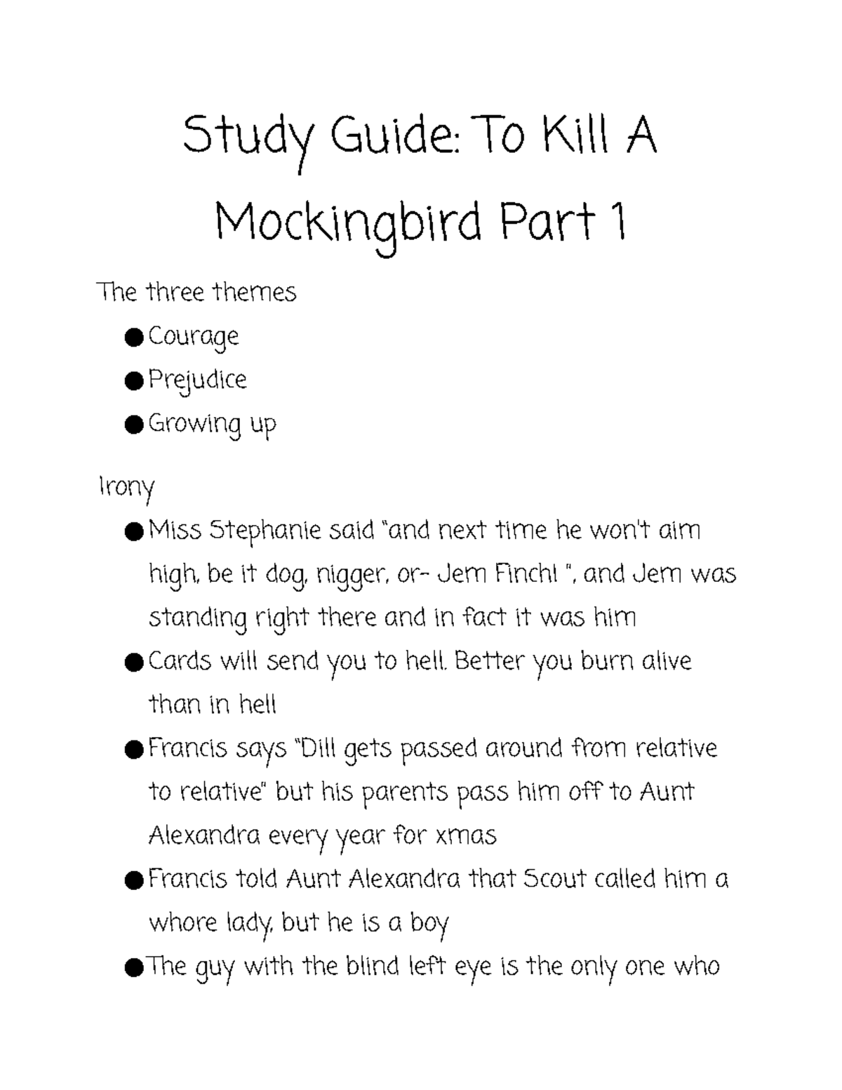 Tkam part 1 - notes - Study Guide: To Kill A Mockingbird Part 1 The ...