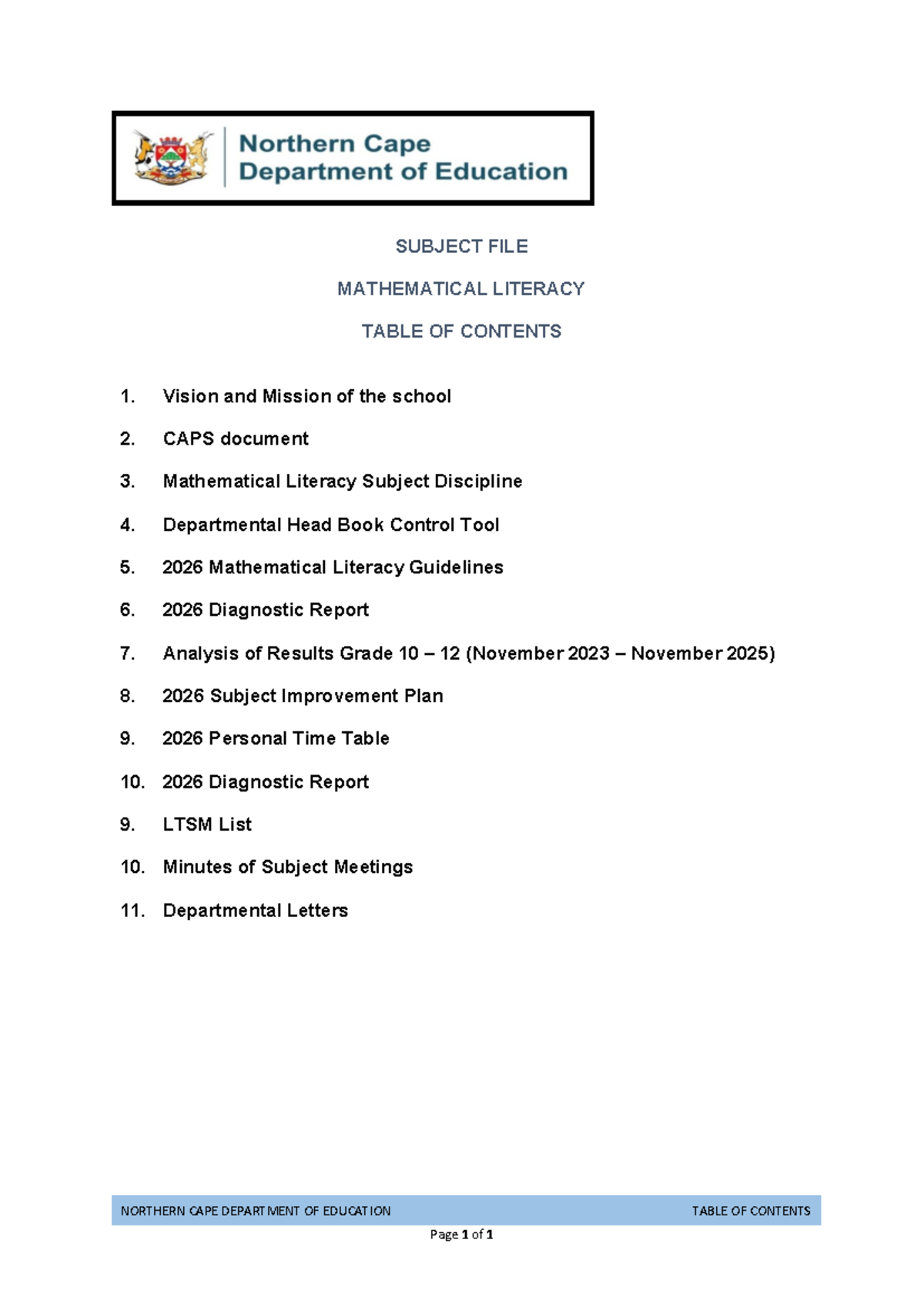 Table of Contents - Subject File - NORTHERN CAPE DEPARTMENT OF ...