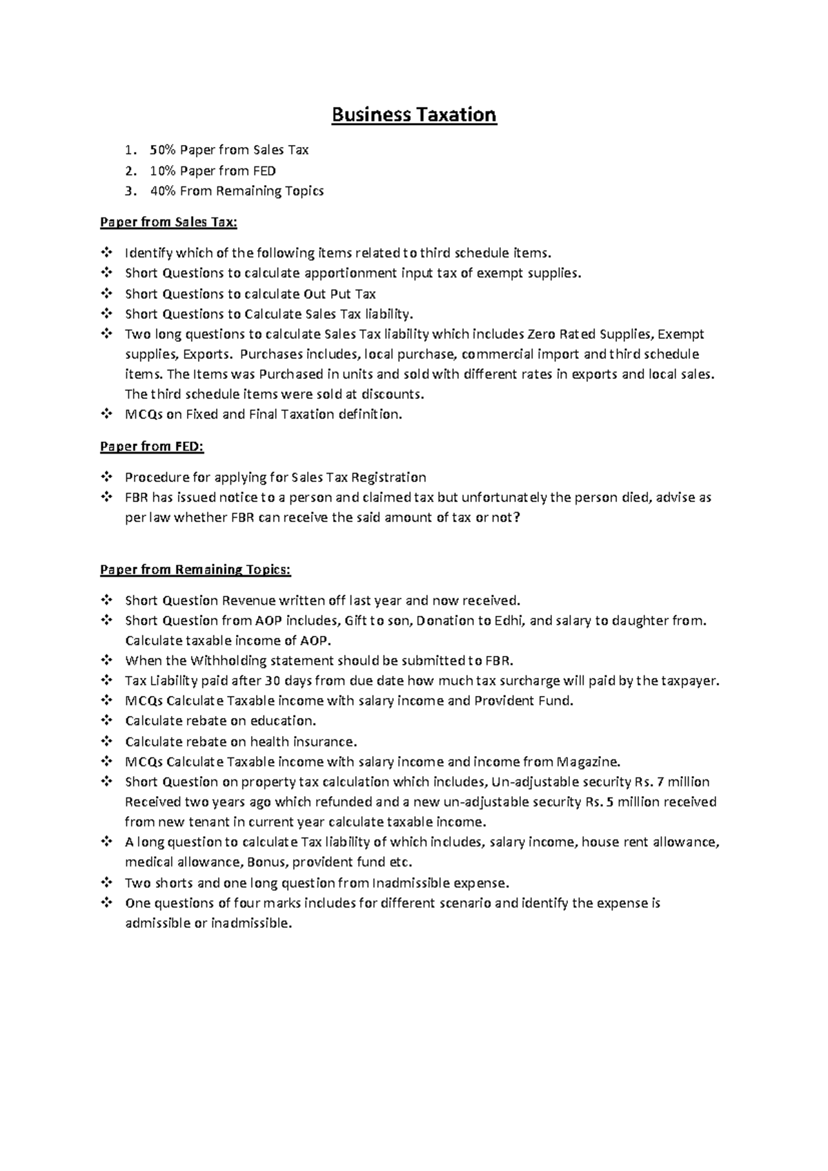 Business Taxation (BT101) final exam paper with sales tax and FED ...
