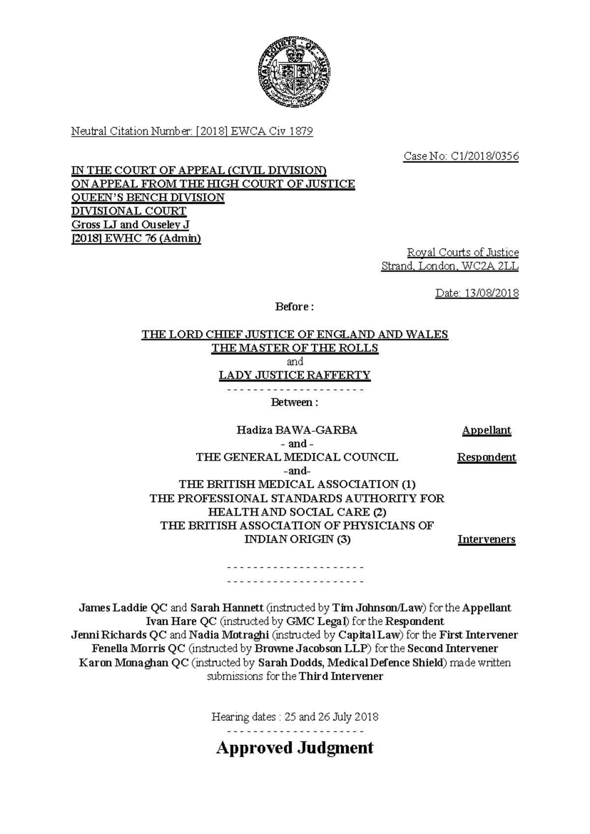 Bawa-Garba v GMC: Final Judgment and Analysis of Appeal Case - Studocu