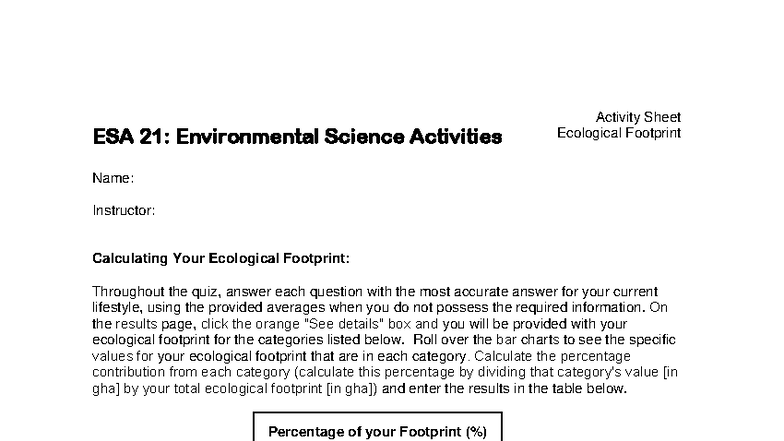 ESA 21: Ecological Footprint Activity Sheet for Environmental Science ...