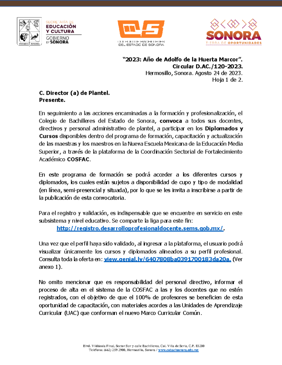 0120 CIRC Convocatoria Diplomados Y Cursos Cosfac AGO2023 - “2023: Año ...