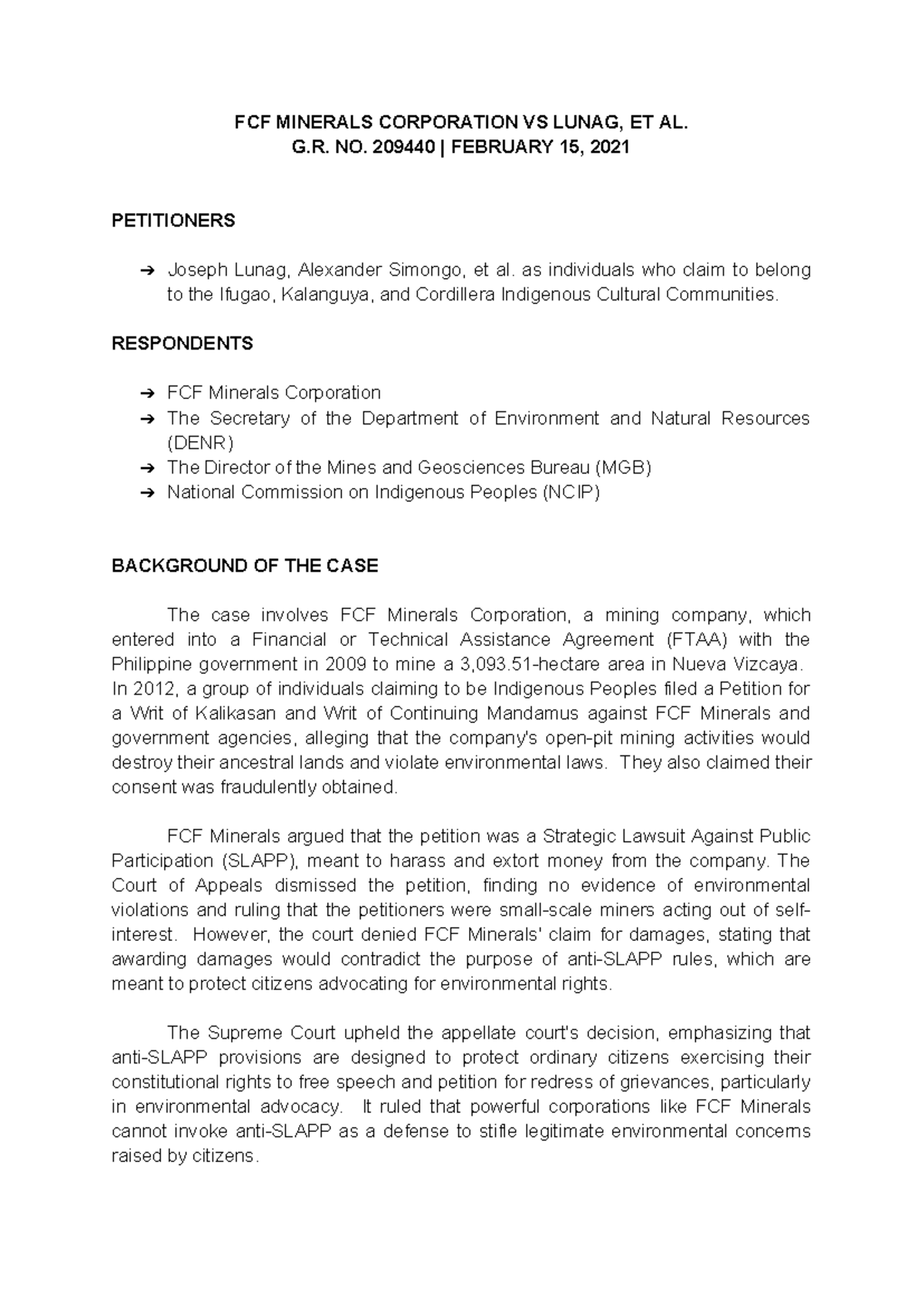 FCF Minerals Corp. vs. Lunag, et al. G.R. No. 209440: SLAPP Case ...