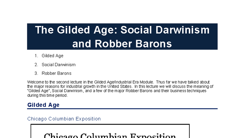 Gilded Age Lecture: Social Darwinism & Robber Barons Insights - Studocu