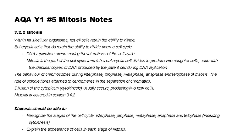 AQA Y1 Mitosis Notes: Understanding Cell Division and Its Stages - Studocu
