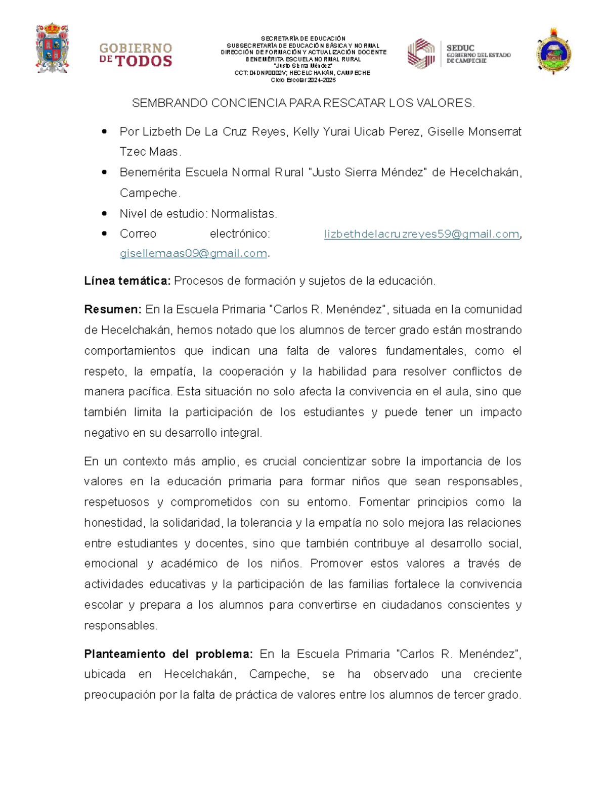Sembrando Conciencia: Rescatando Valores en Educación Primaria CCT ...