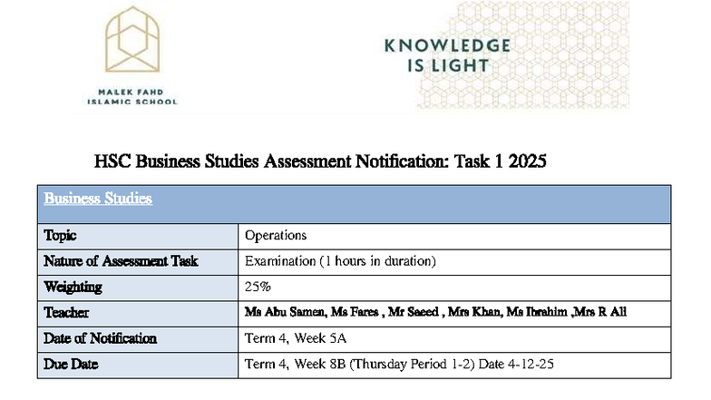 HSC Business Studies Assessment Notification: Task 1 2025 - Studocu