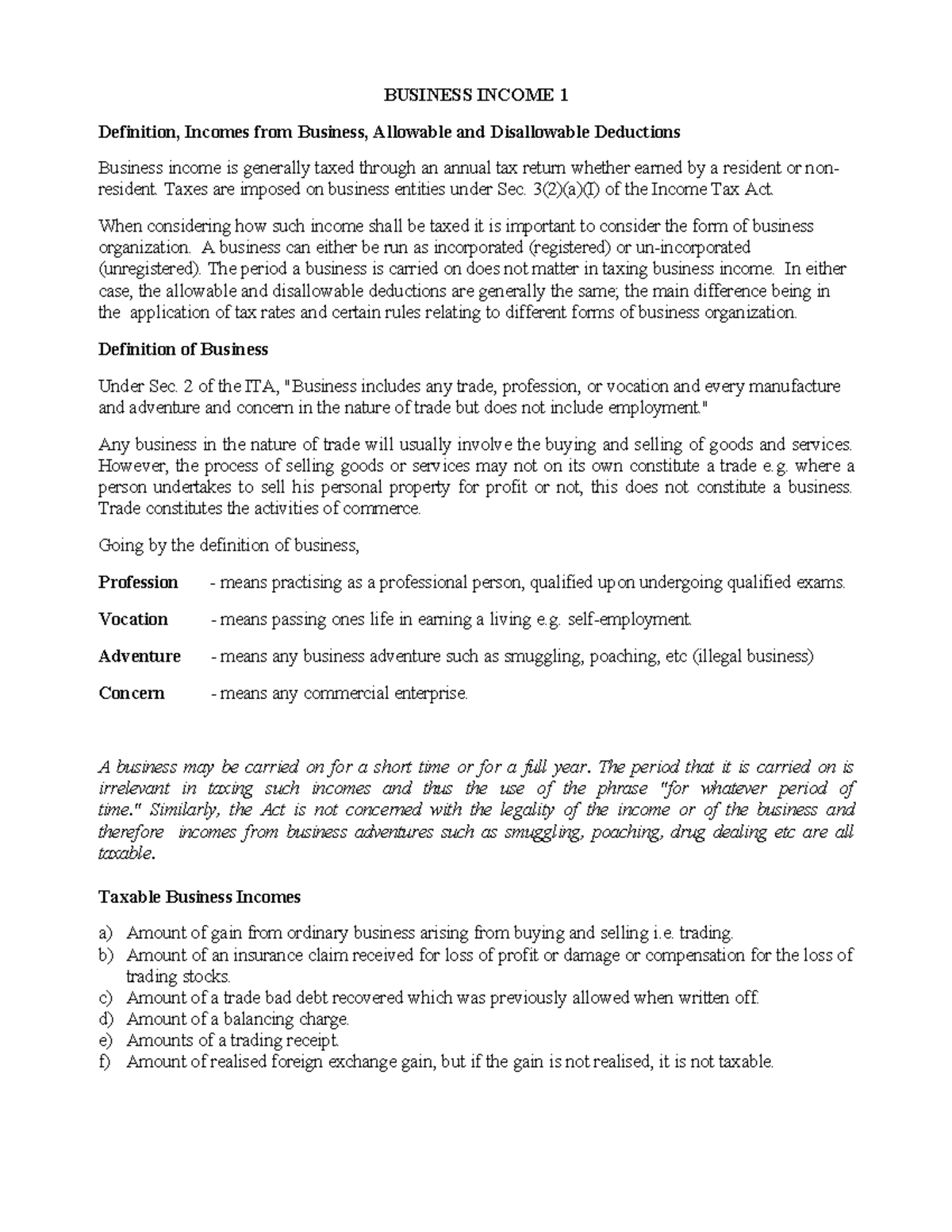 Business Income Notes - Lecture Overview (Lec) - Studocu