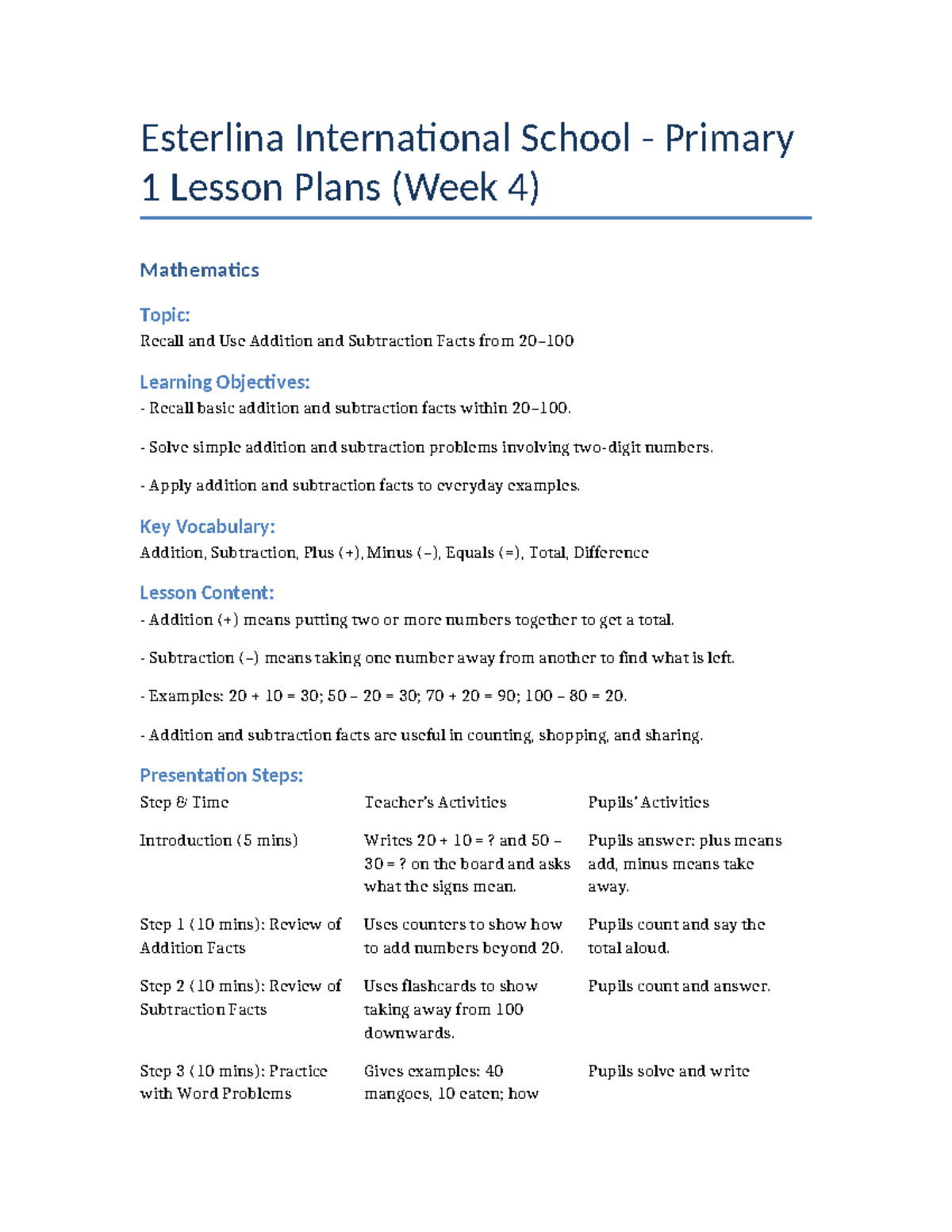 Primary 1 Week 4 Lesson Plans: Math, Science, Tech, Social Studies ...