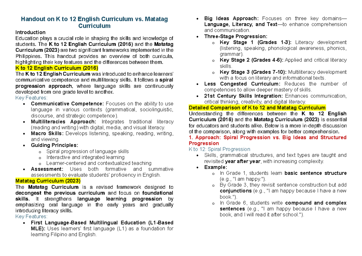 ENG CG Midterm Handouts: K to 12 vs. Matatag Curriculum Analysis - Studocu