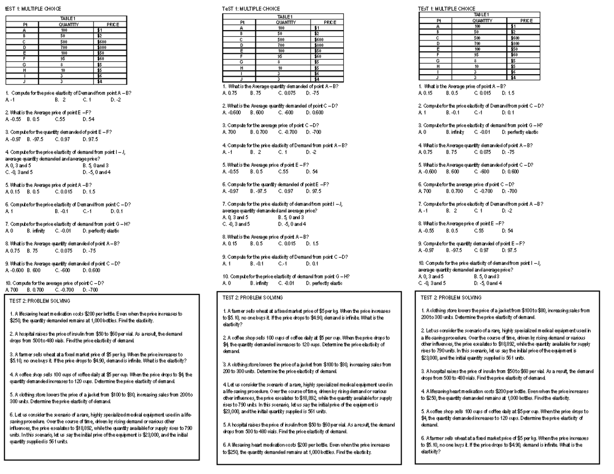 QUIZ 1: MULTIPLE CHOICE ON PRICE ELASTICITY OF DEMAND - Studocu