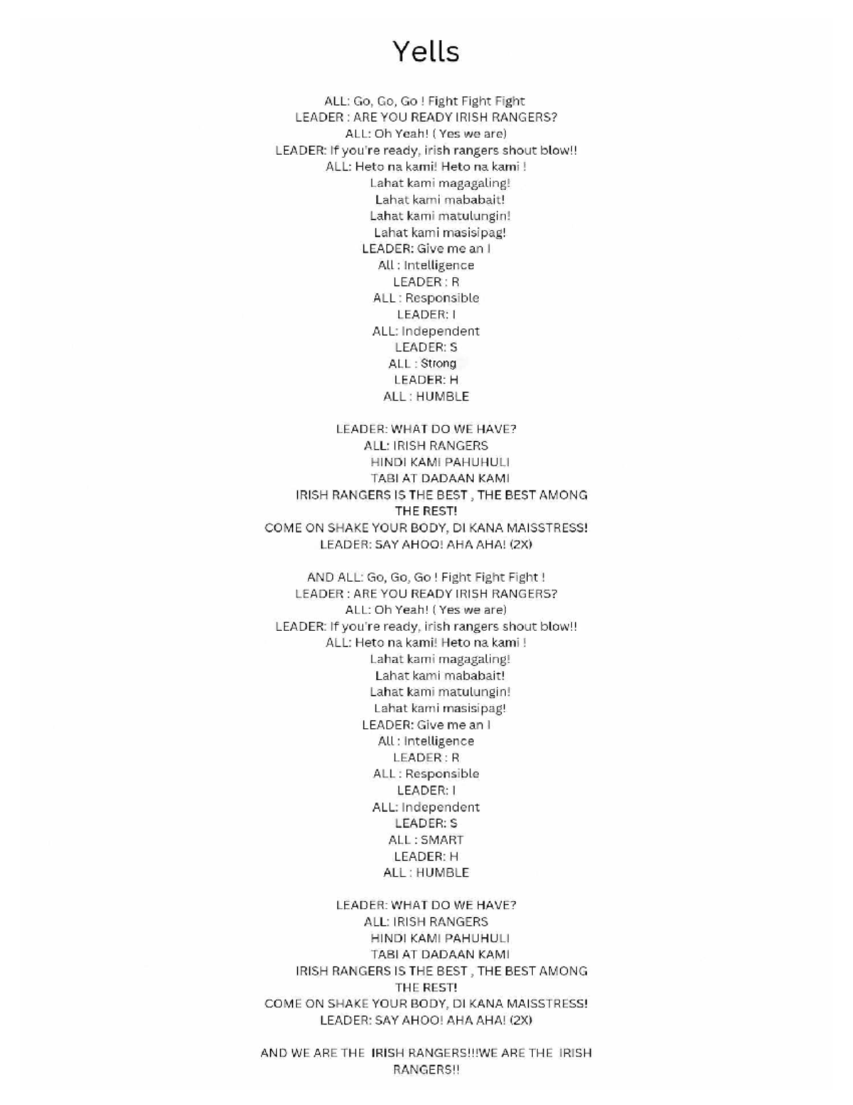 Irish Rangers Cheer Sample Script for Yell Practice - Studocu