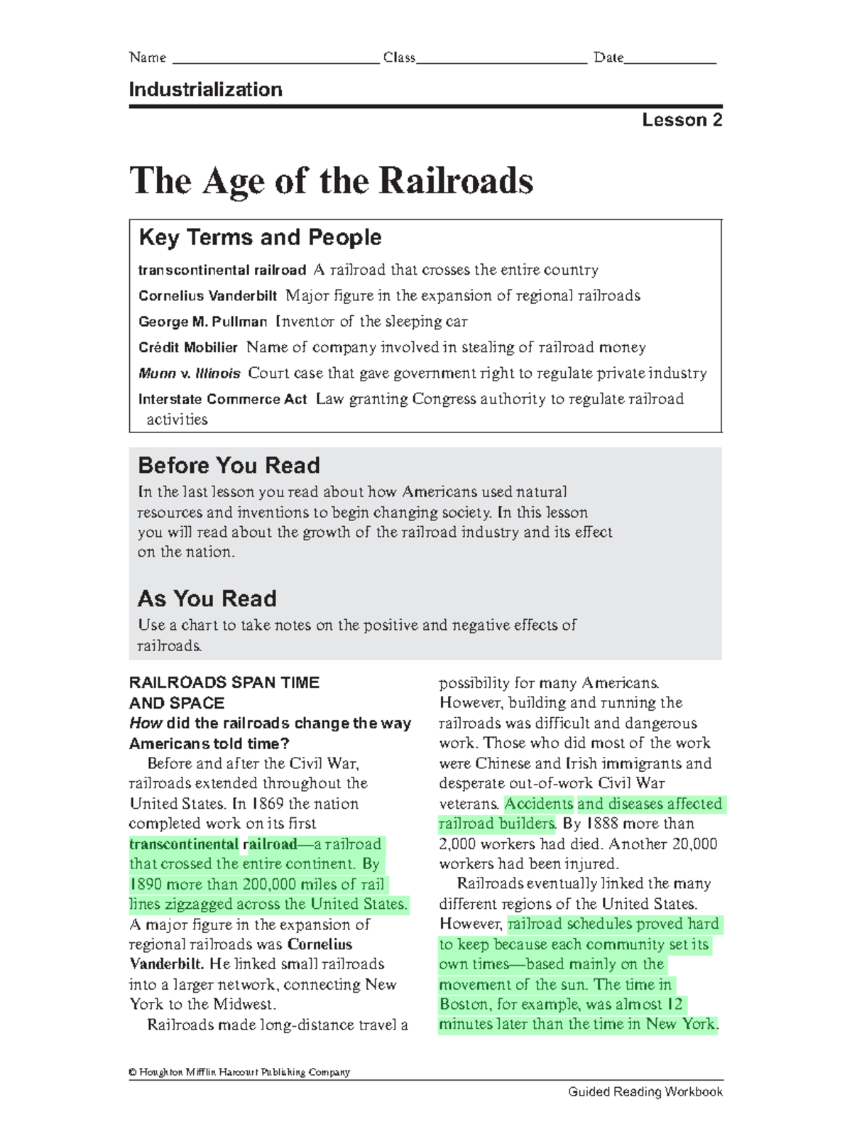Industrialization Lesson 2: The Age of Railroads Overview and Key Terms ...
