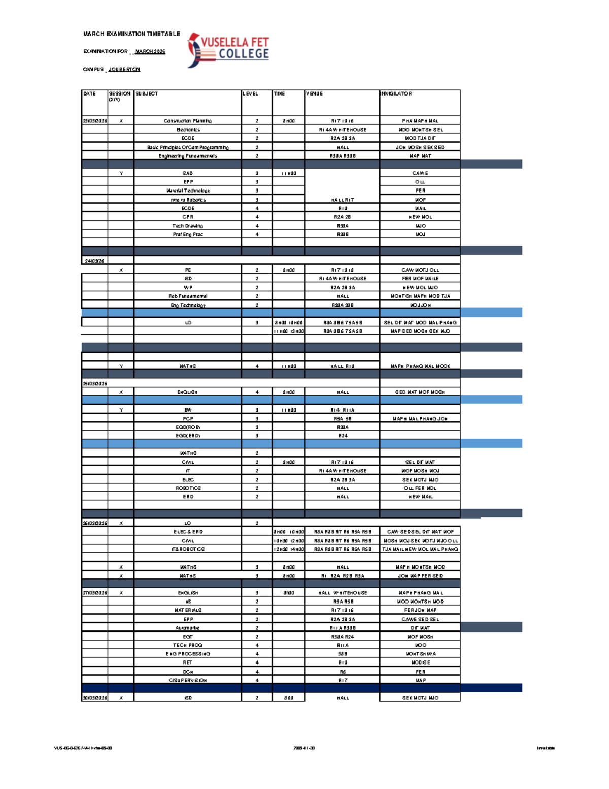 MARCH 2026 EXAMINATION TIMETABLE FOR JOUBERTON CAMPUS - Studocu