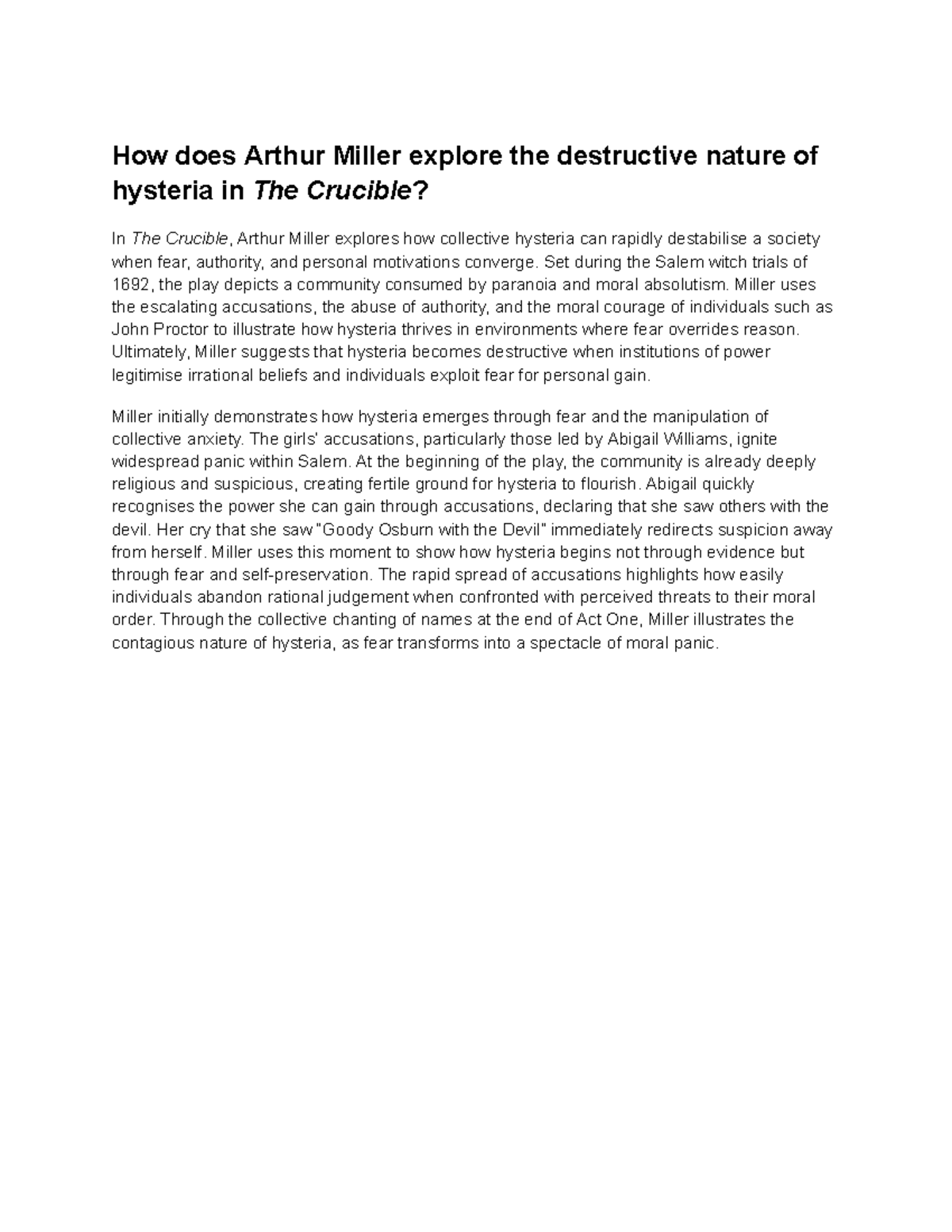 CRUCIBLE ESSAY: The Destructive Nature of Hysteria in Miller's Work ...