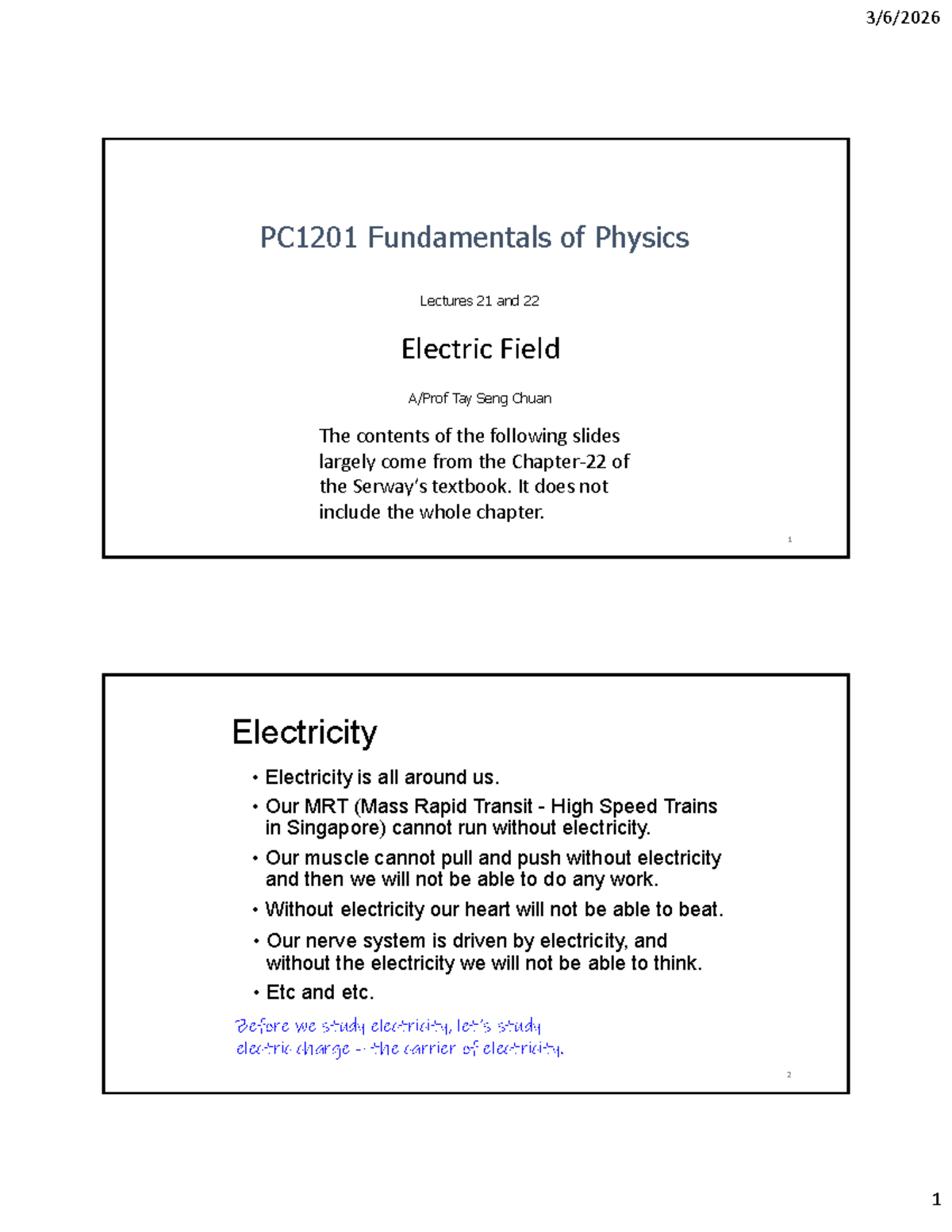 PC1201 Fundamentals of Physics: Electric Field (Ch. 22) Lecture Notes ...